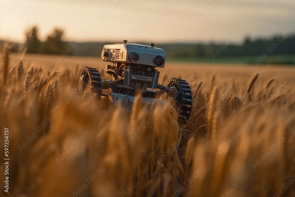 harvesting robot works on a wheat field. Generative AI Stock ...