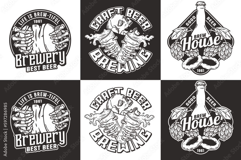 Beer set of emblems with skull and hop. Skeleton with beer can in bone ...