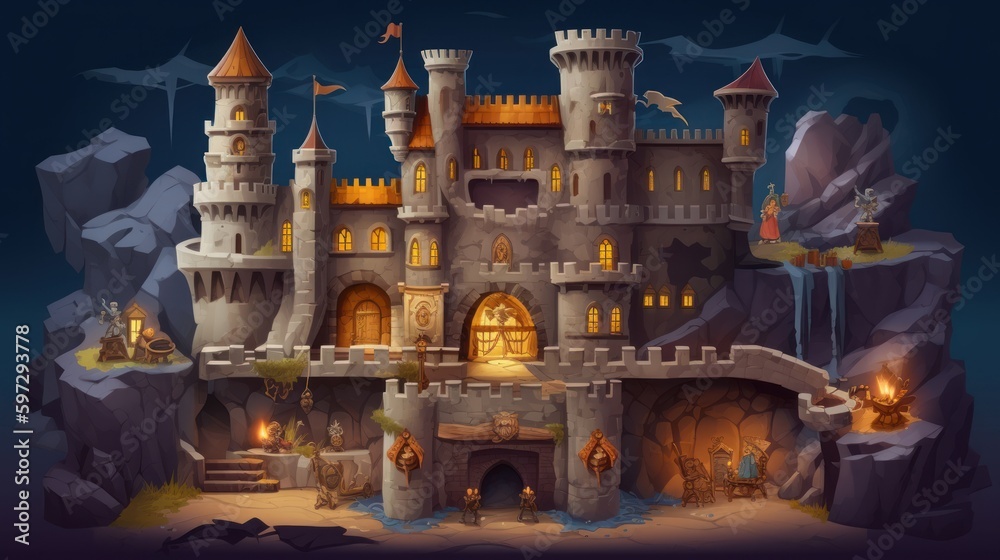 Medieval castle with secret passages, knights in armor, and a dragon ...