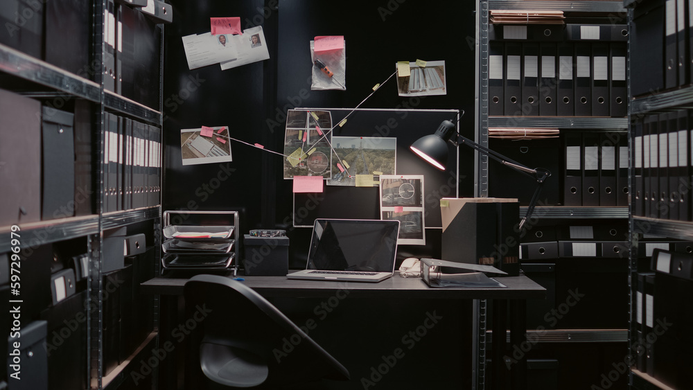 Criminal evidence board in private investigation office, map on wall ...