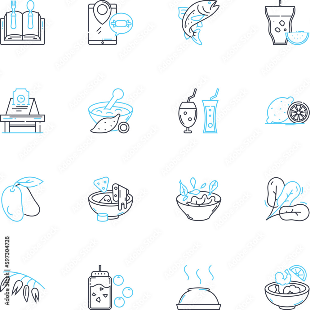 Restaurant linear icons set. Bistro, Cafe, Pizzeria, Taqueria ...