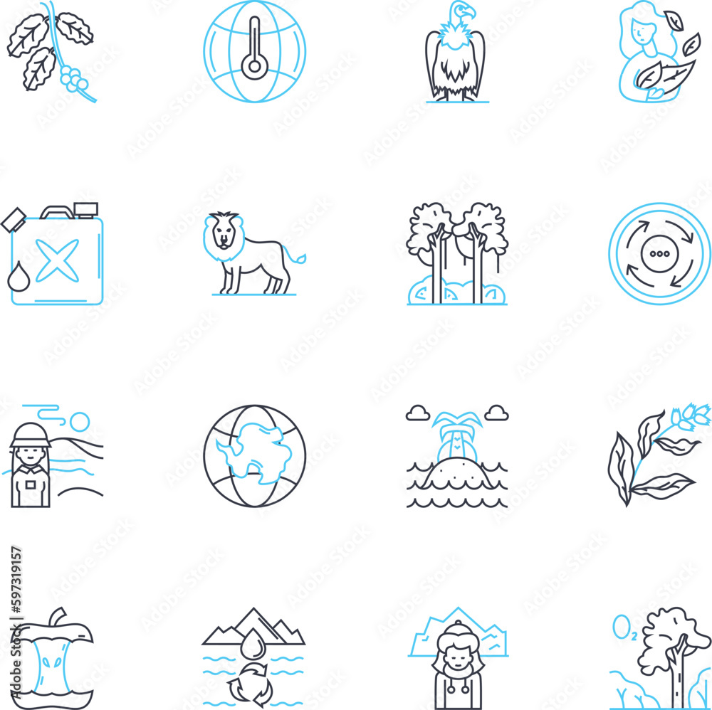 Environmental degradation linear icons set. Pollution, Deforestation, Erosion, Landfill ...