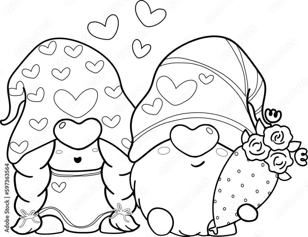 cute valentine love gnome cartoon doodle outline character hand drawing ...