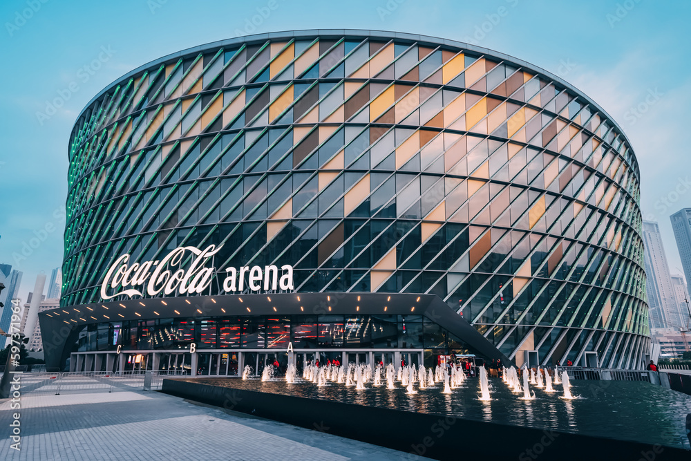 17 January 2023, Dubai, UAE: Illuminated Coca Cola arena stadium in ...