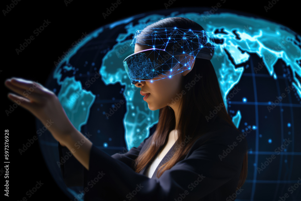 Office worker woman in vr helmet. Female using Virtual reality display ...