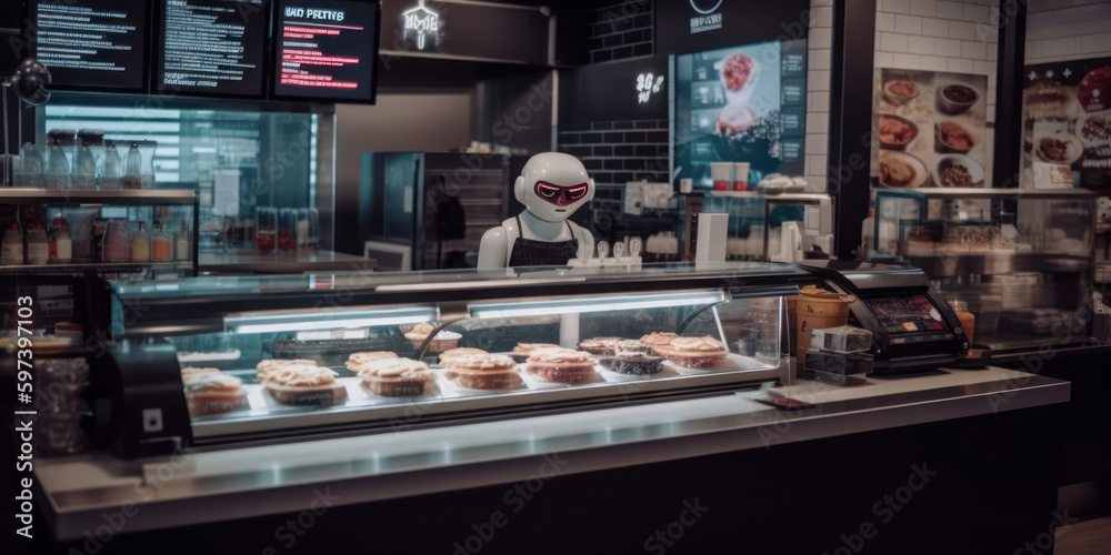 Future of Fast Food Industry with AI Robots. Humanoid AI robot working ...