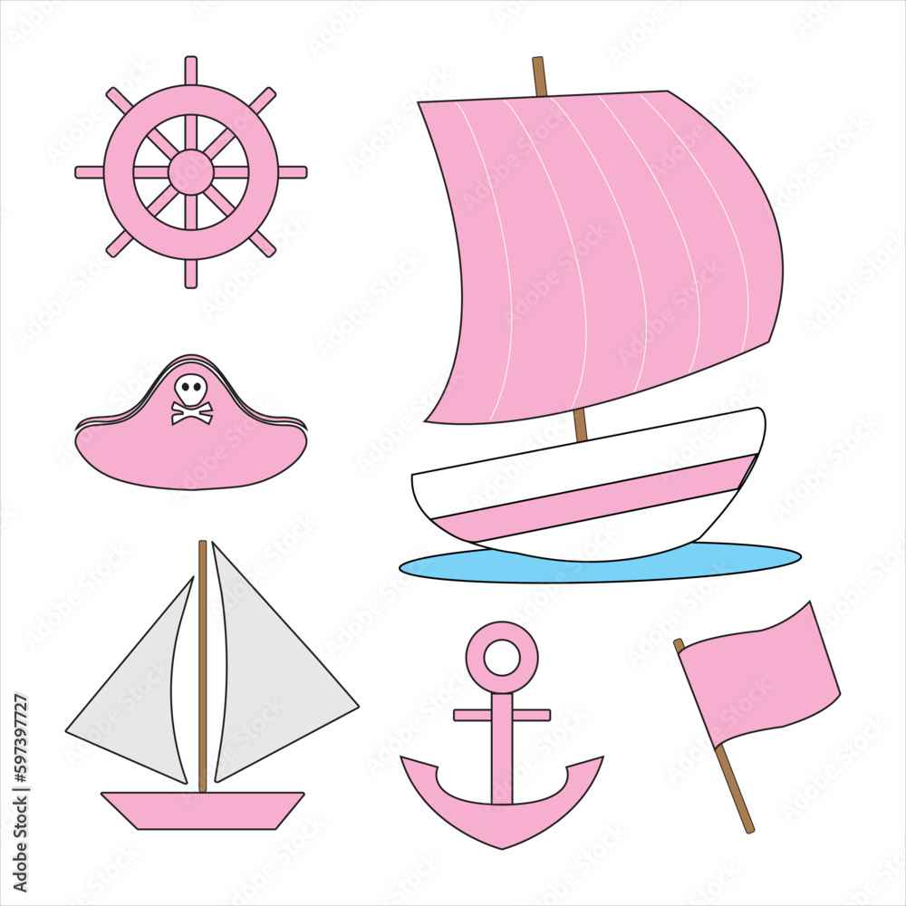 Cute pink ship cartoon sticker vector illustration design. Pink pirate ...