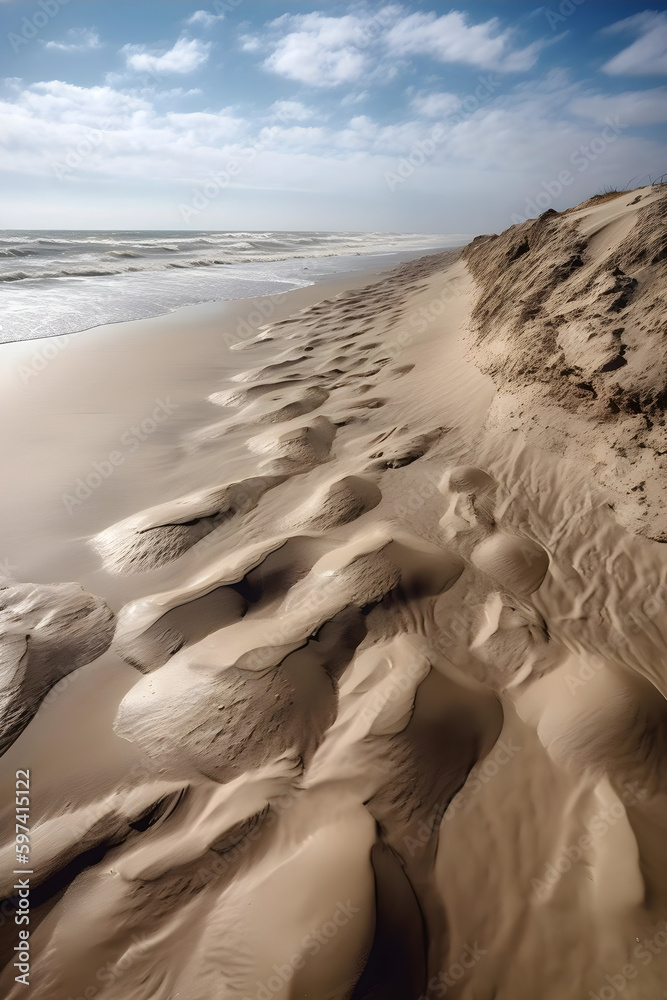 sand furrows on a deserted shoreline, evidence of wind and water ...