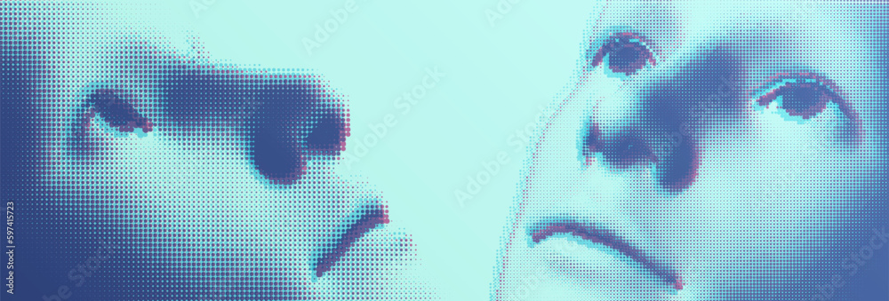 Two faces are looking at something. Technology and robotics concept ...