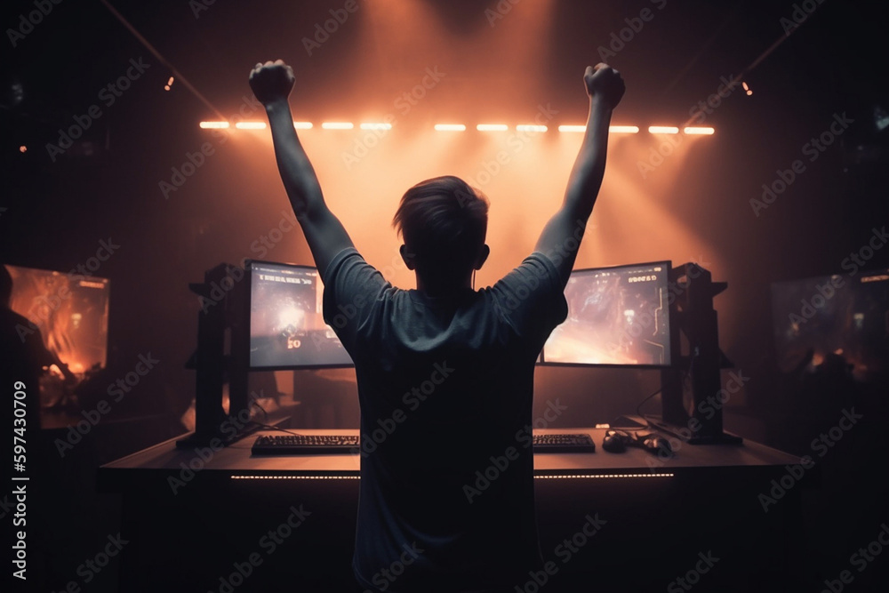 victory in esports, a gamer in front of a monitor, created by a neural ...