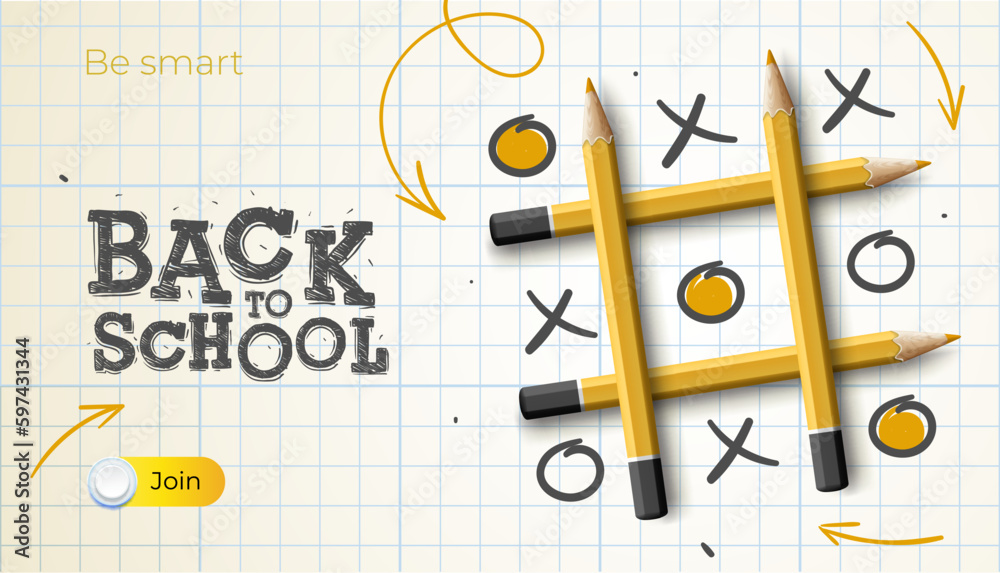 Back to school web banner notebook page with tic tac toe game pencils ...
