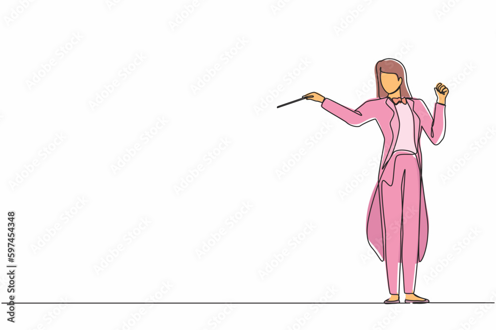 Continuous one line drawing woman music orchestra conductor. Female ...