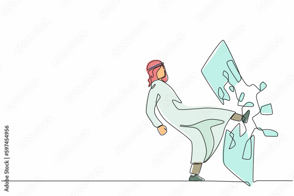 Single one line drawing Arabian businessman kicked mirror and shattered ...