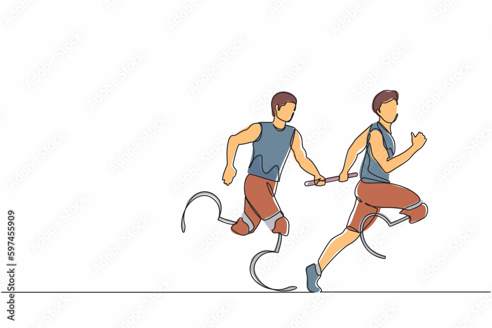 Continuous one line drawing two disable runners with prosthesis leg ...