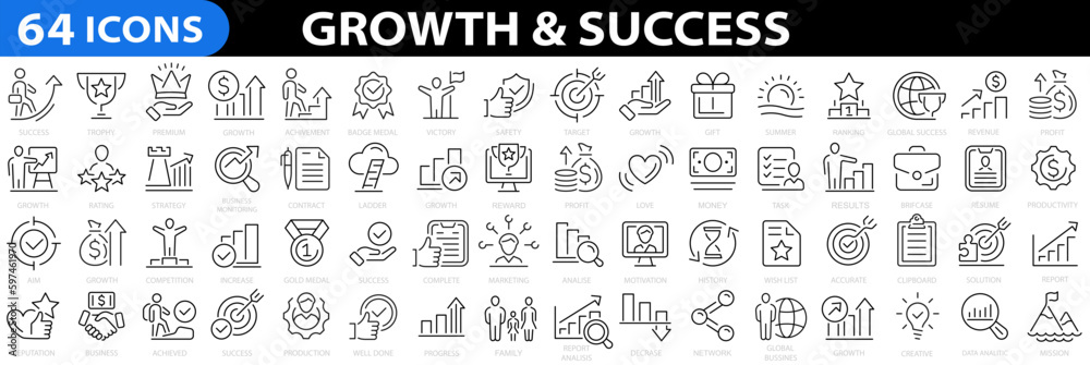 Growth & Success 64 icon set. Successful business development, plan and ...