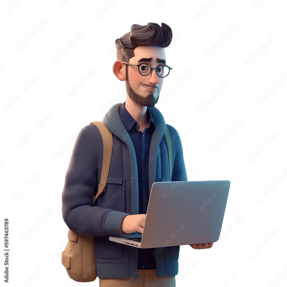 3D icon Young business man working with his laptop in the office or ...