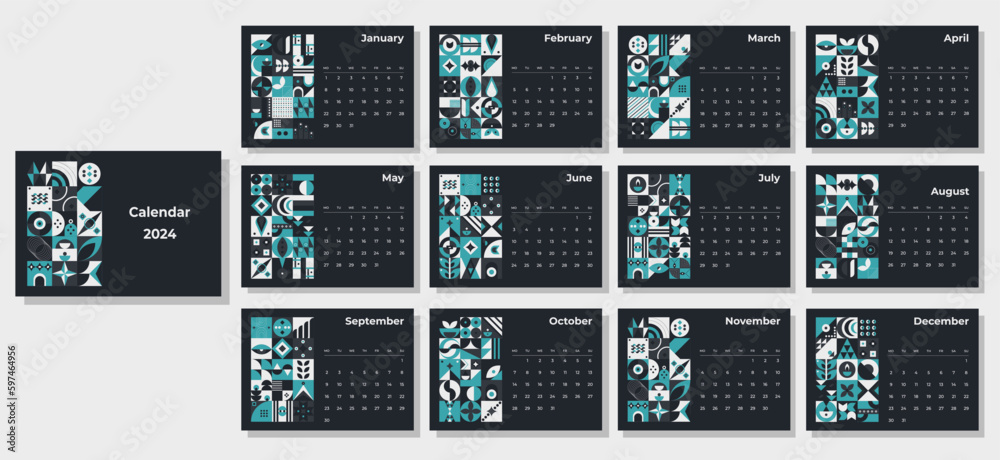 Calendar 2024 geometric patterns. Monthly calendar template for 2024 ...