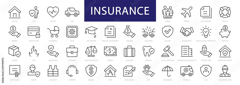 Insurance thin line icons set. Insurance editable stroke symbols ...