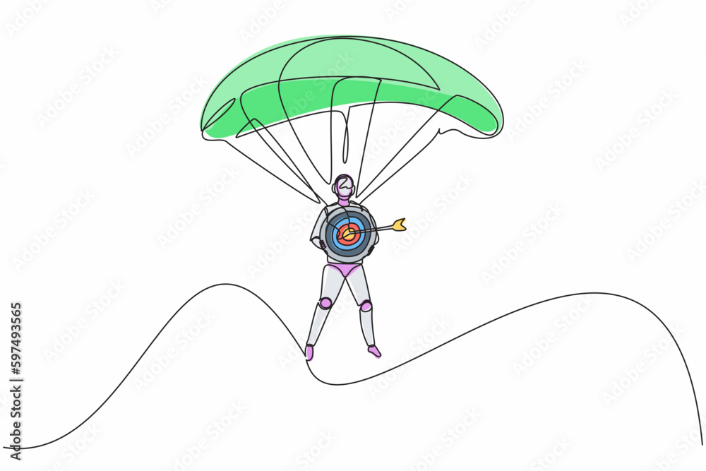 Continuous one line drawing robots jump with parachute and holding ...