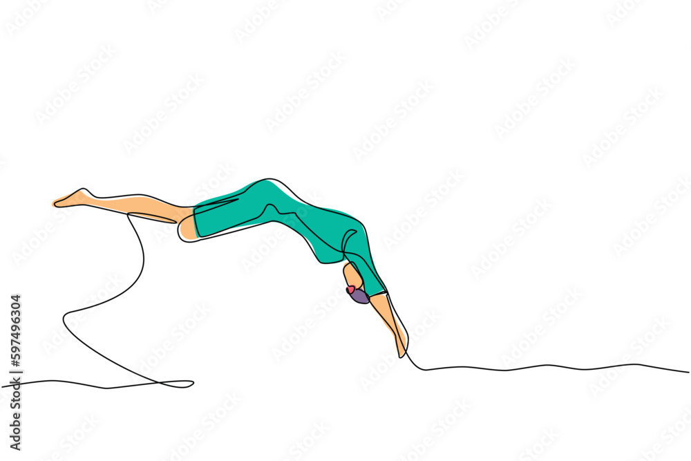 Continuous one line drawing young disabled person. Woman in swimming ...