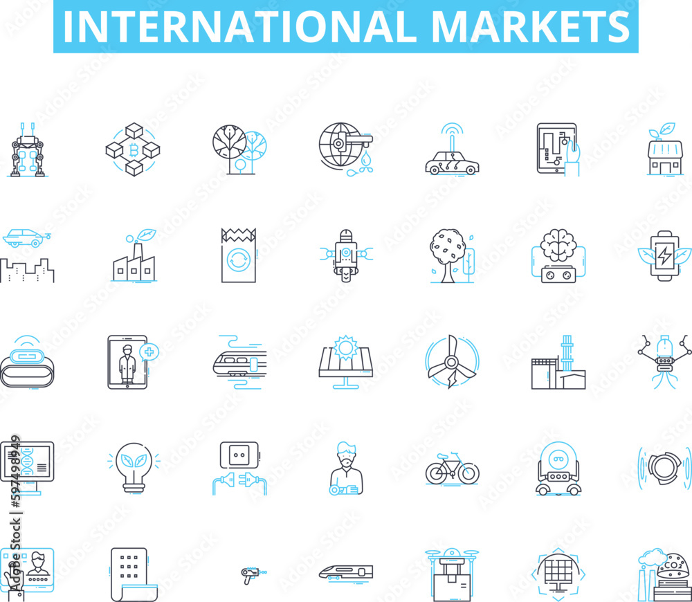 International markets linear icons set. Globalization, Trade, Export ...