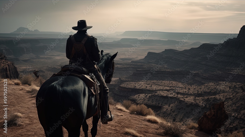 Cowboy on horseback, landscape with canyons, wild west concept ...