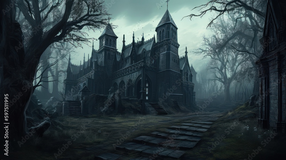Gothic horror world with dark castle, crypts, and haunted forests Stock ...
