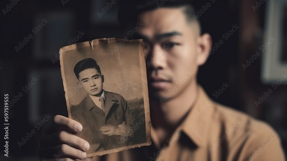 Family tree concept, dna, genes, ancestors. Asian man holds in his ...