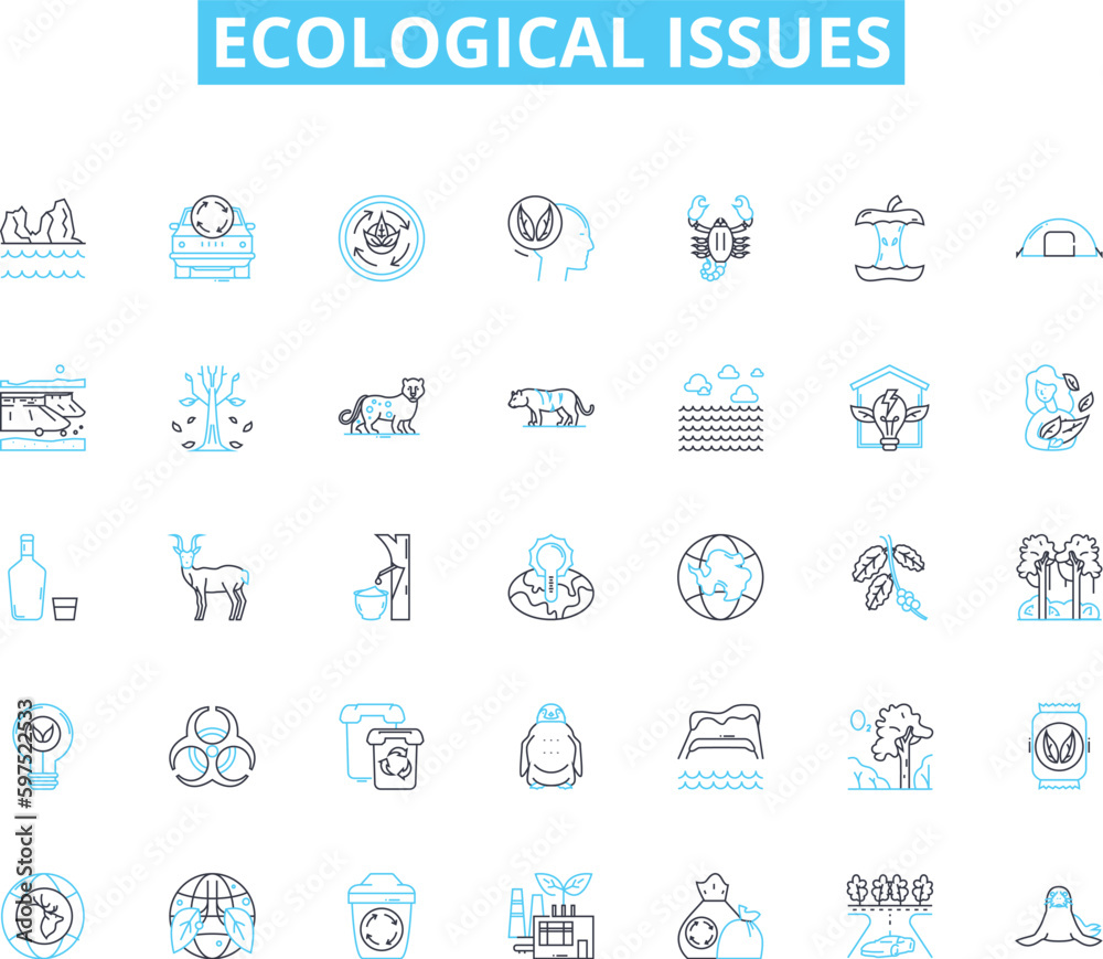 Ecological issues linear icons set. Climate change, Pollution, Deforestation, Biodiversity ...