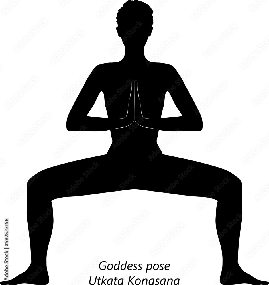 Flat black silhouette of young woman practicing yoga, doing Goddess ...