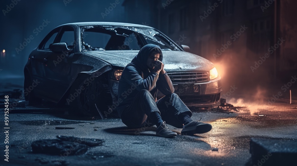 Crying man sitting near wrecked car on road, tragic car accident at ...