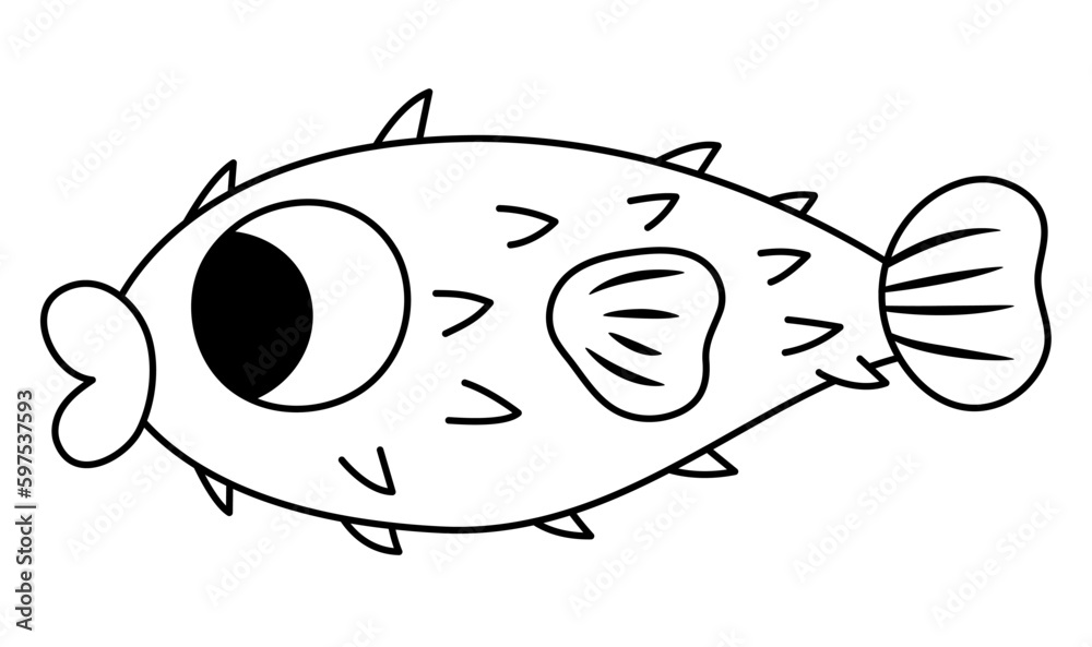 Vector black and white blowfish icon. Under the sea line illustration ...