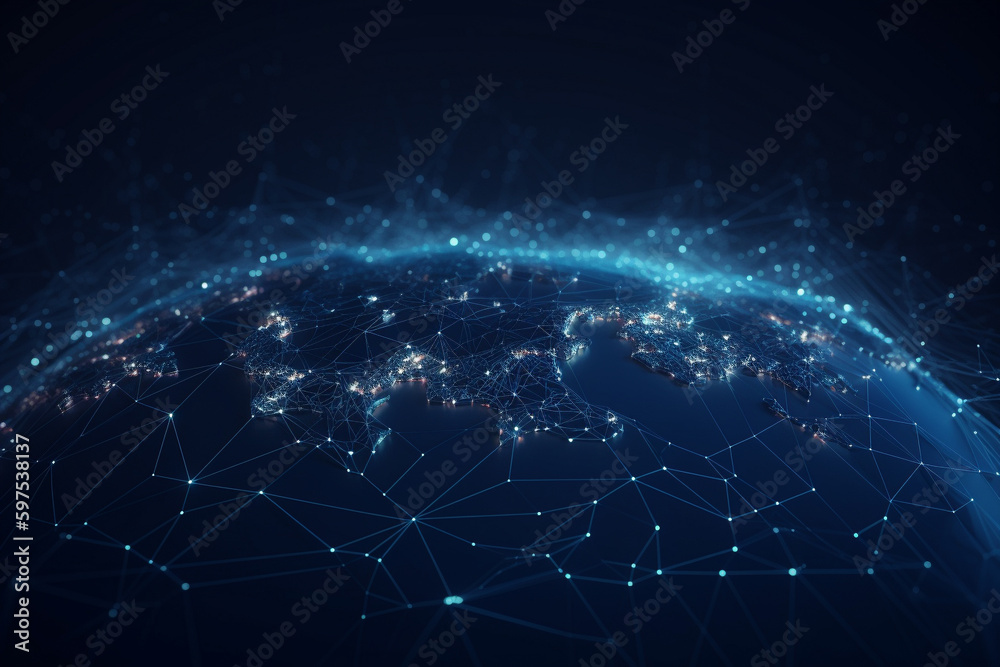 Big data network on wireframe globe. Global connectivity and internet ...