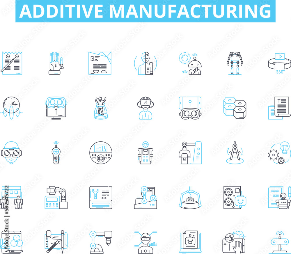 Additive manufacturing linear icons set. D printing, Layering ...