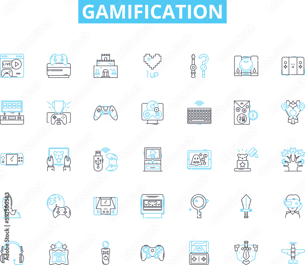 Gamification linear icons set. Incentives, Rewards, Metrics, Feedback ...