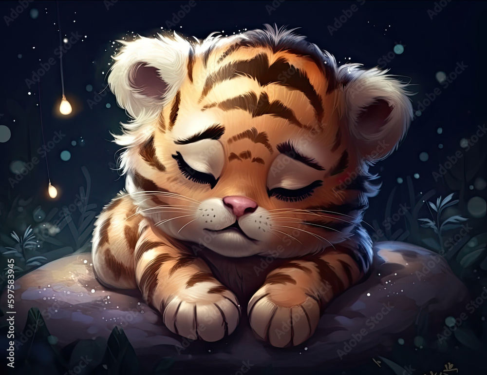 Tiger and the moon, adorable sleeping baby tiger, digital print, wall ...