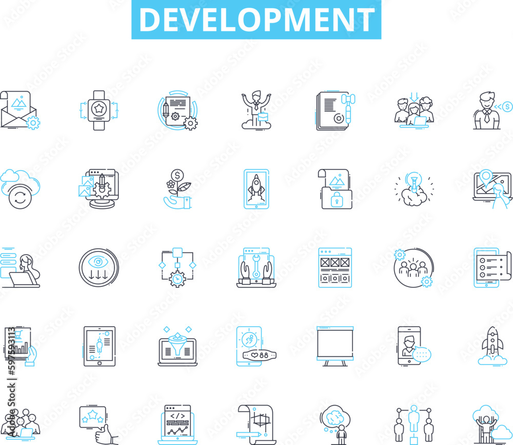 Development linear icons set. Progress, Growth, Advancement, Innovation, Evolution ...