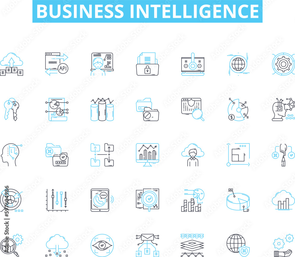 Vetor Business intelligence linear icons set. Analytics, Data, Insights, Performance, Dashboards ...