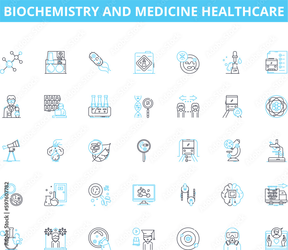 Biochemistry and medicine healthcare linear icons set. Enzymes ...
