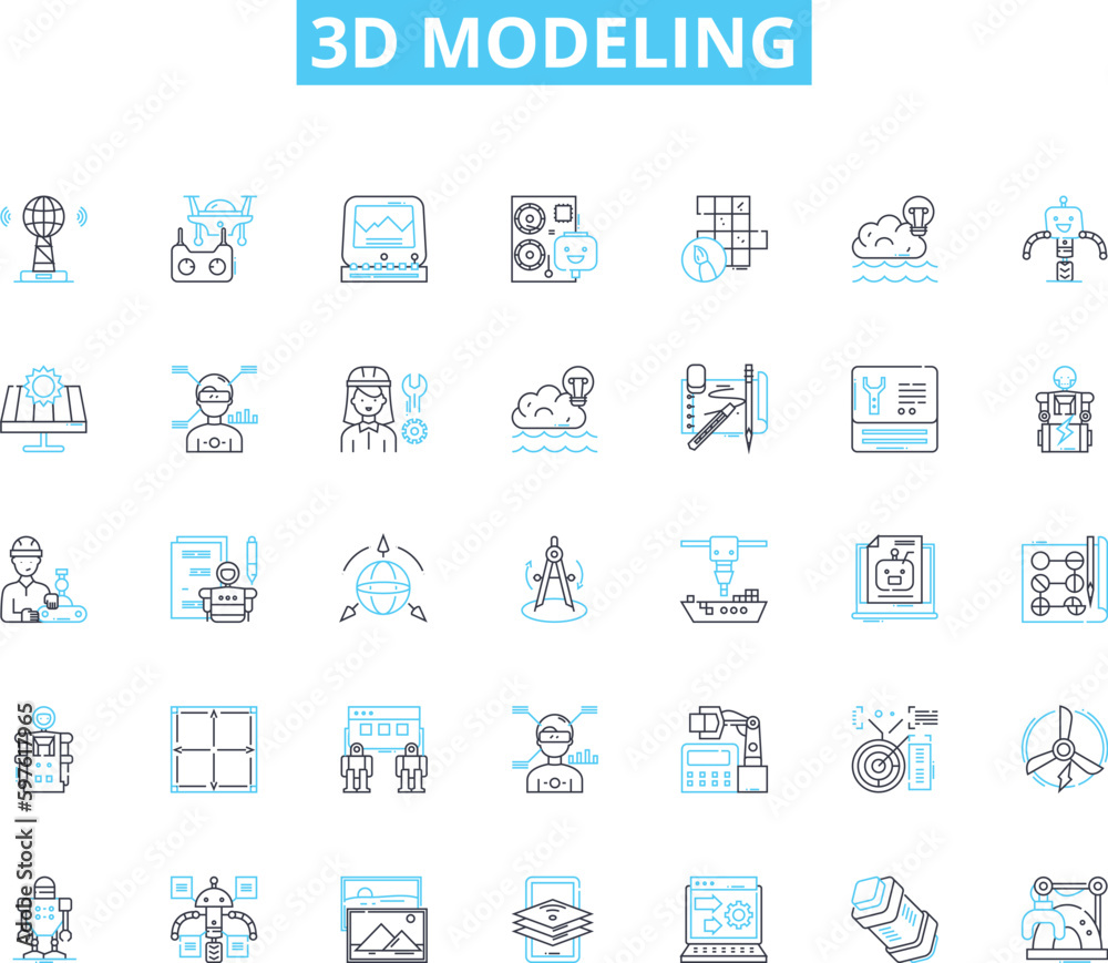 Vector de Stock 3d modeling linear icons set. Rendering, Animation, CAD, Sculpting, Texturing ...