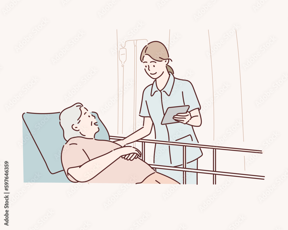Nursing carer cares for a senior patient in nursing care. Hand drawn ...