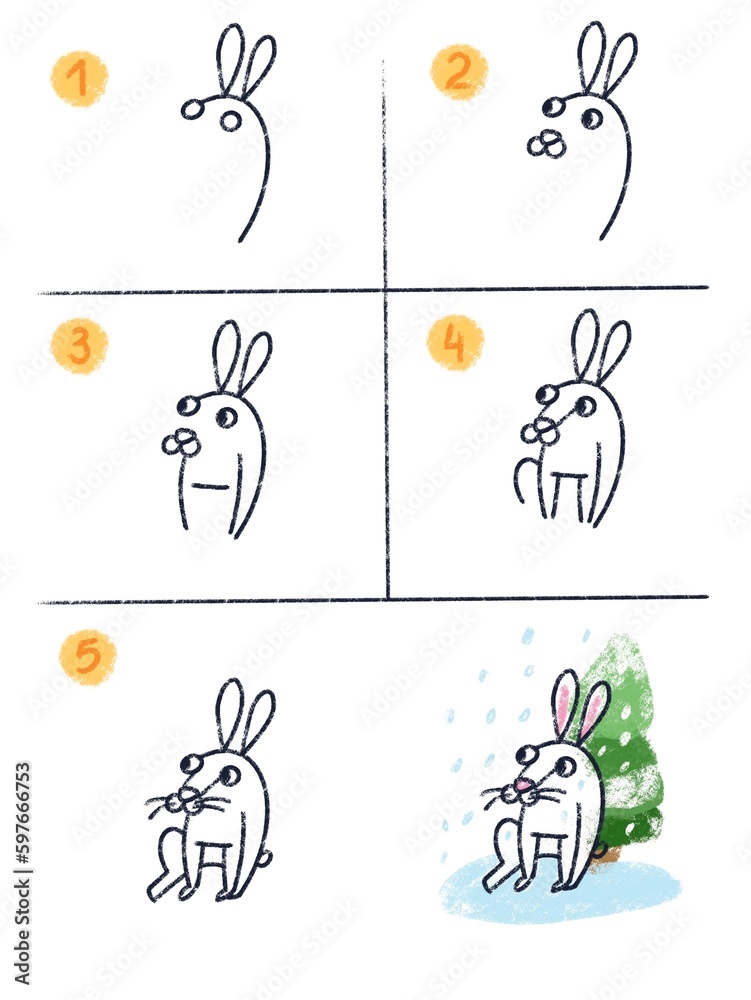 Step by step drawing of funny hare. Coloring by sample. Easy level for ...