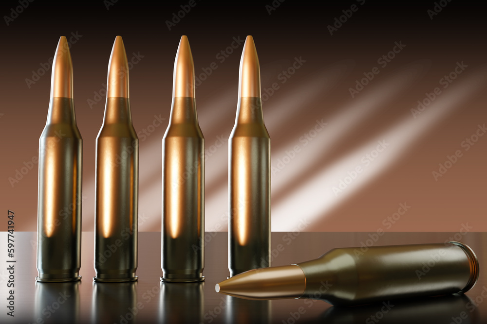 Rifle bullets. Cartridges for shooting. Table with large-caliber ...