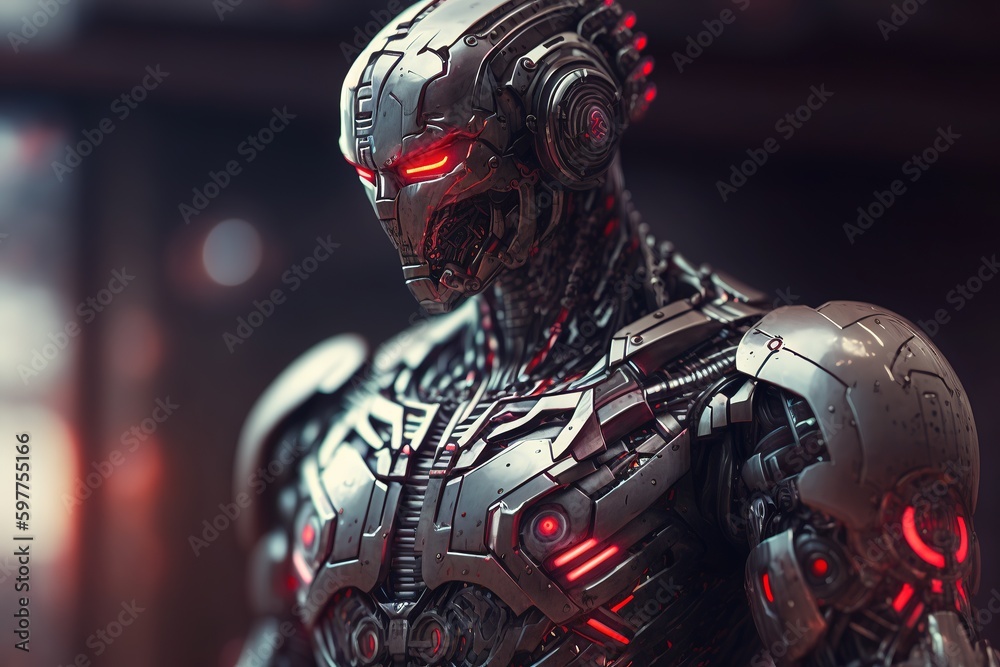 Cyberpunk robot in chrome armor with red eyes in neon. Futuristic ...