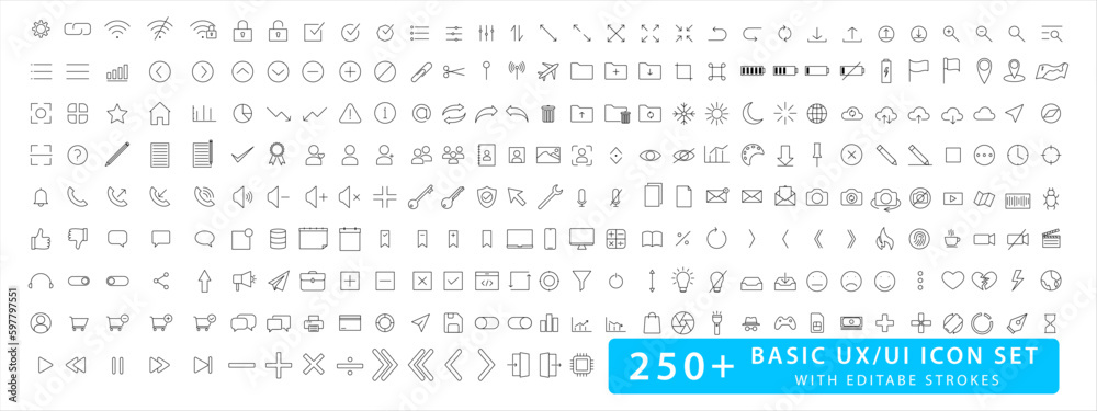 Basic Ux/Ui Icons, with editable strokes. Mega set of ui ux icon set, Big collection of ...