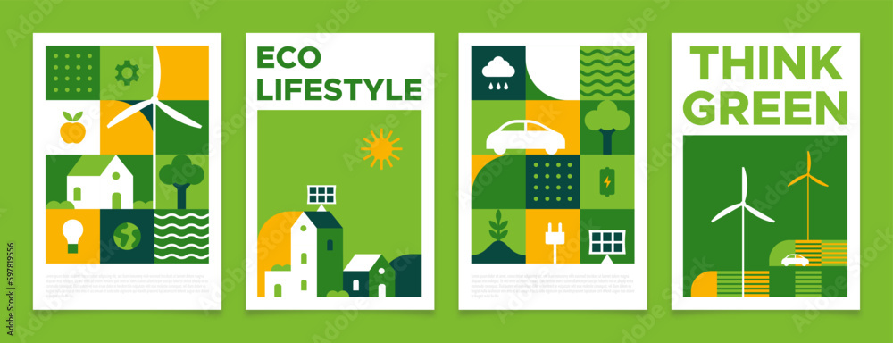 Green eco friendly banner template set. Modern geometry mosaic ...
