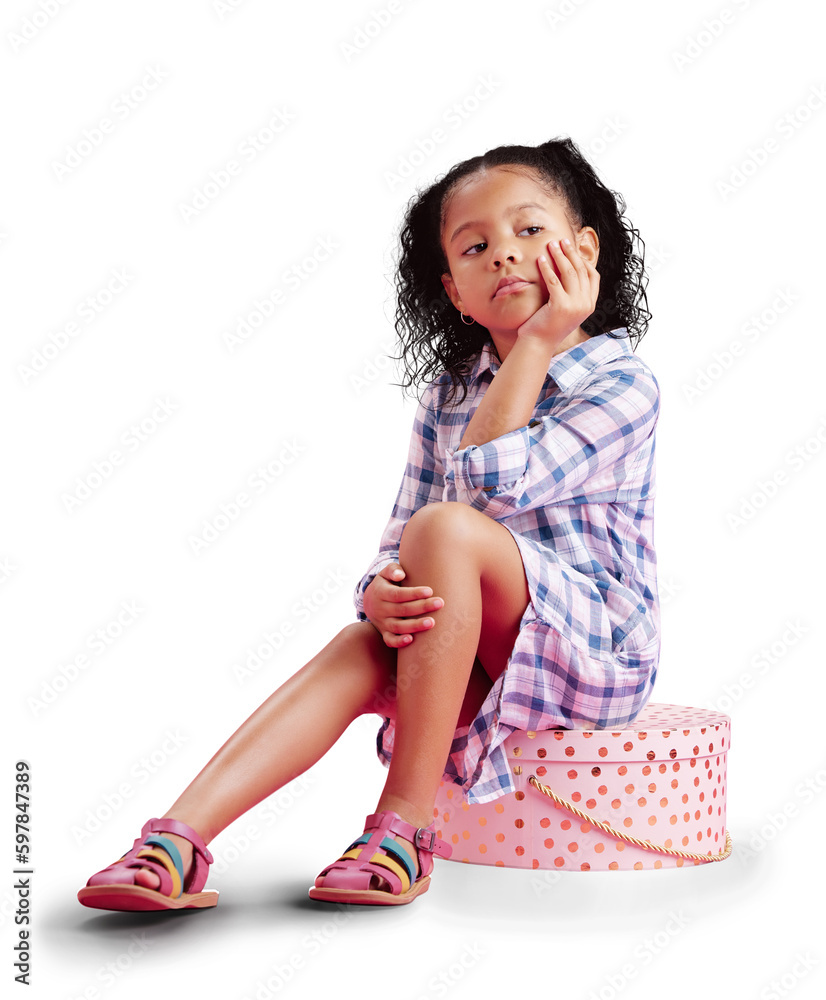 Thinking, sad and child on gift with disappointed face on isolated, png ...