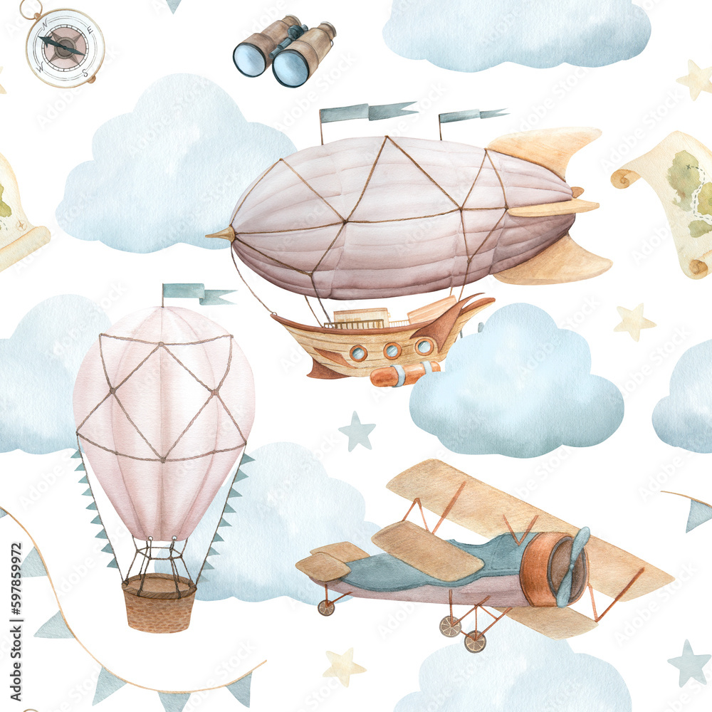 Watercolor seamless pattern with vintage cute fairy tale cartoon clouds ...