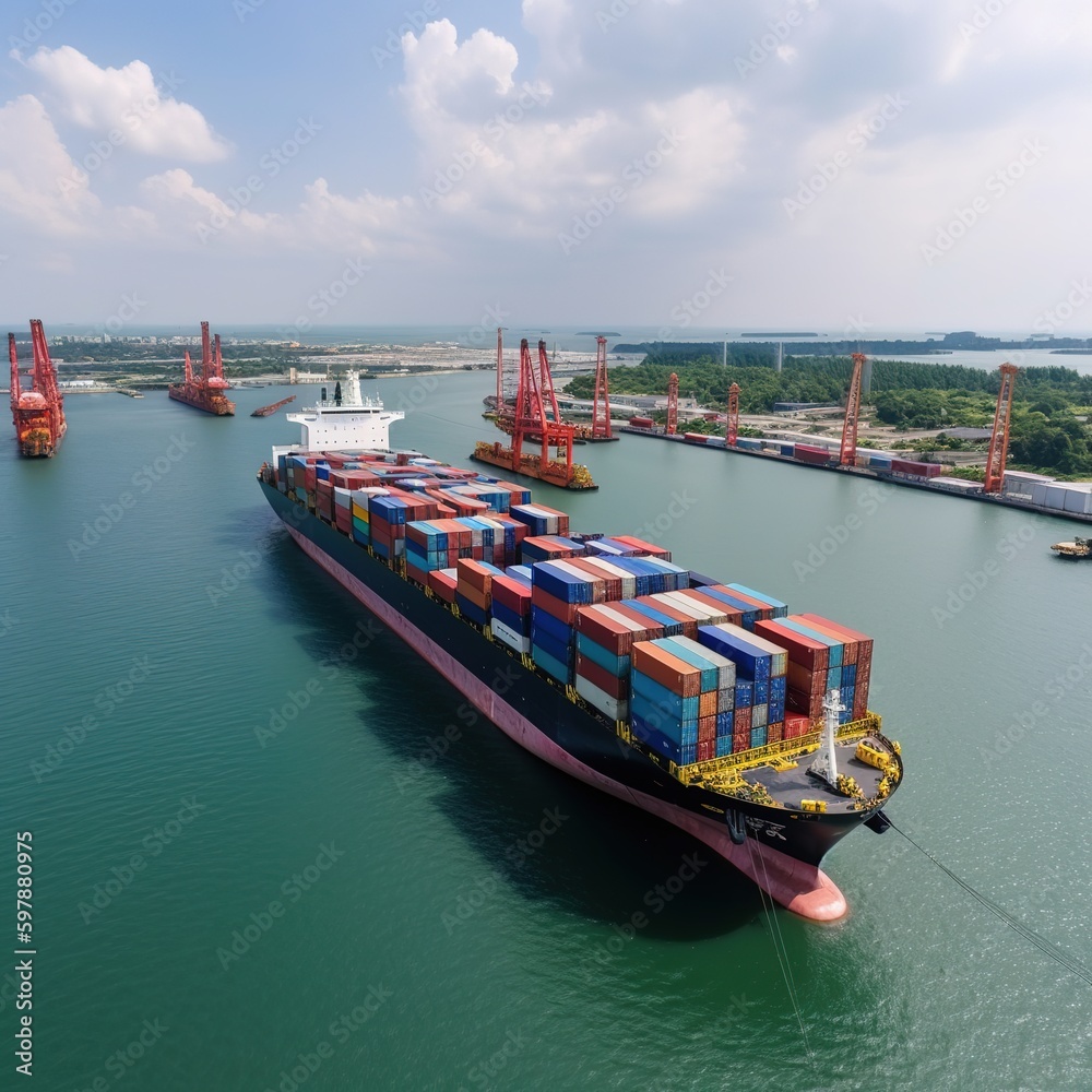 Aerial front view Container freight ship complete carrier container ...