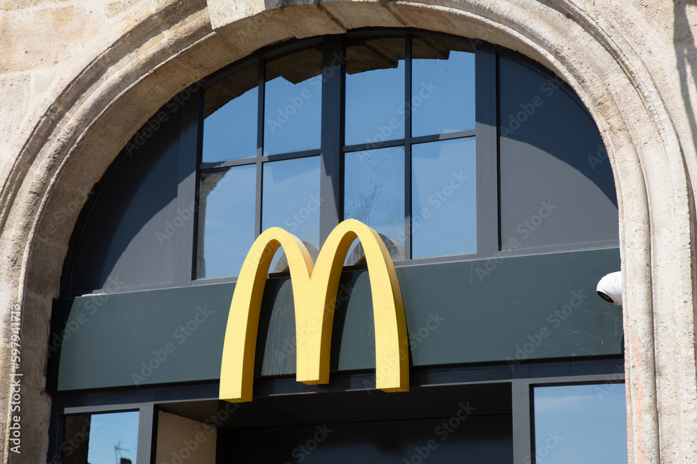 McDonald's sign text and brand logo entrance Restaurant Exterior of ...